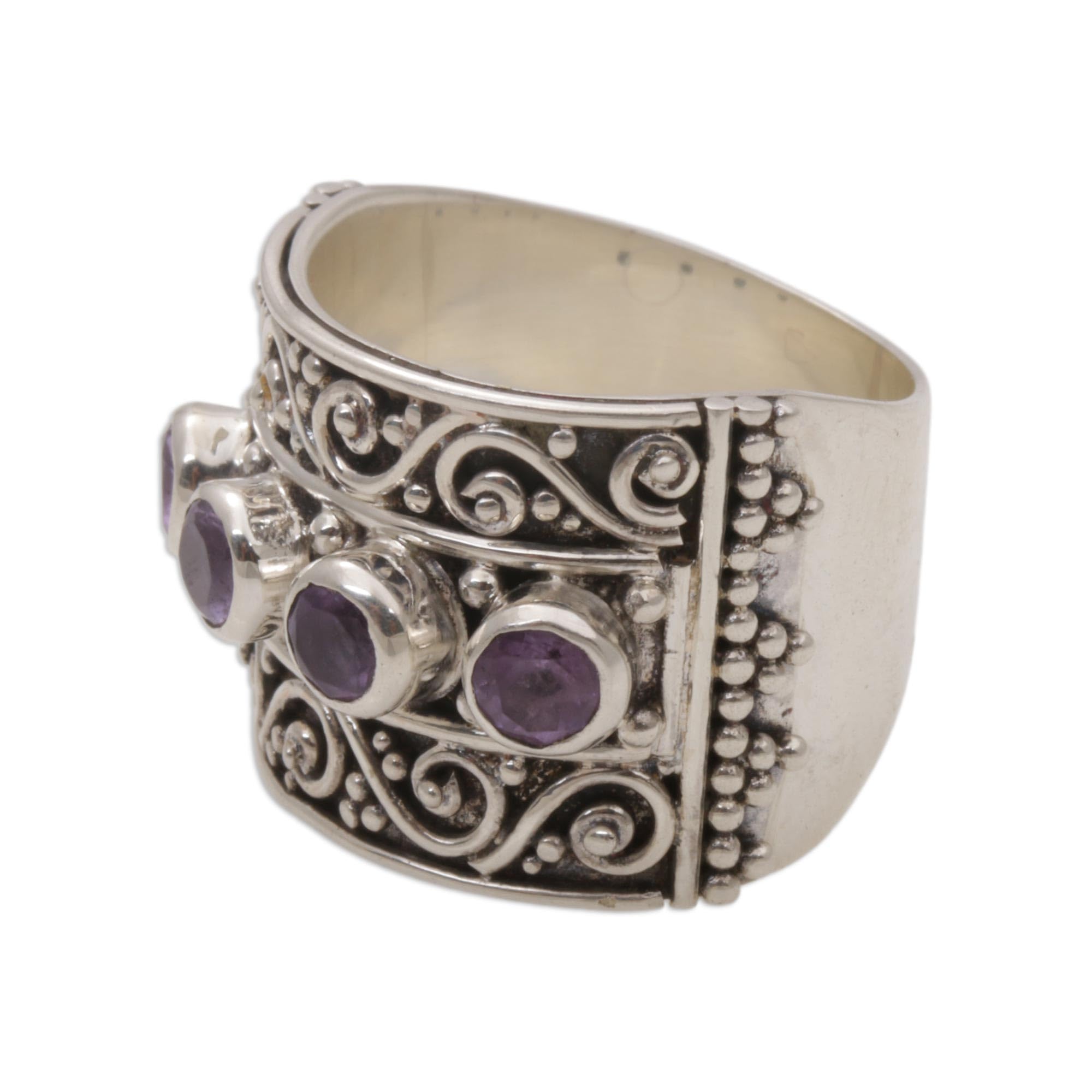 NOVICA Artisan Handmade Amethyst Cocktail Ring Sterling Silver Multistone from Bali Purple Band Indonesia Ultra Violet Birthstone [ring Front 0.6 in L x 0.8 in W x 0.2 in H Band Width 9 mm W] '