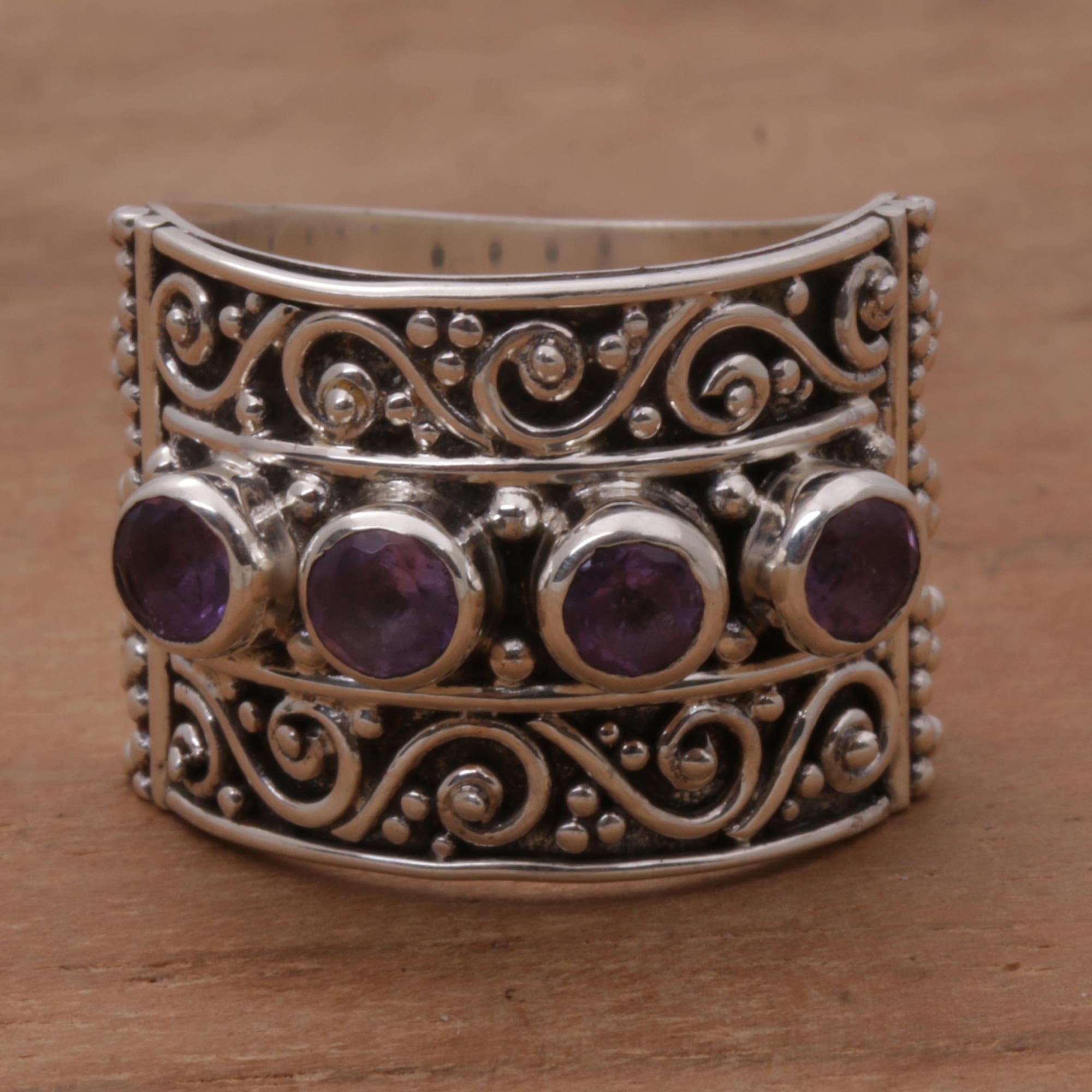 NOVICA Artisan Handmade Amethyst Cocktail Ring Sterling Silver Multistone from Bali Purple Band Indonesia Ultra Violet Birthstone [ring Front 0.6 in L x 0.8 in W x 0.2 in H Band Width 9 mm W] '