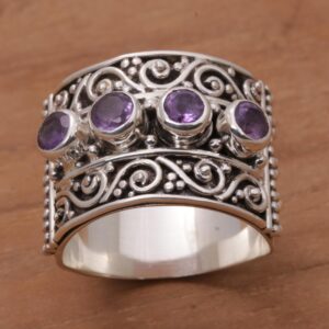 NOVICA Artisan Handmade Amethyst Cocktail Ring Sterling Silver Multistone from Bali Purple Band Indonesia Ultra Violet Birthstone [ring Front 0.6 in L x 0.8 in W x 0.2 in H Band Width 9 mm W] '