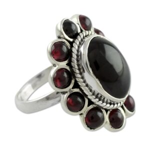 novica artisan handmade garnet cocktail ring floral jewelry sterling silver red india bollywood birthstone [crownbezel 1 in l x 0.8 in w x 0.4 in h band width 3 mm w] ' scarlet petals'