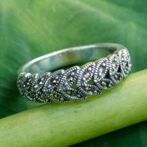 NOVICA Artisan Handcrafted Marcasite Cocktail Ring Sterling Silver Grey Thailand Leaf Tree [ring Front 0.2 in L x 0.8 in W Band Width 3 mm W] ' Olive Garland'