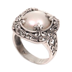 novica artisan handmade cultured freshwater pearl cocktail ring .925 sterling silver floral motif white indonesia birthstone white lunar'