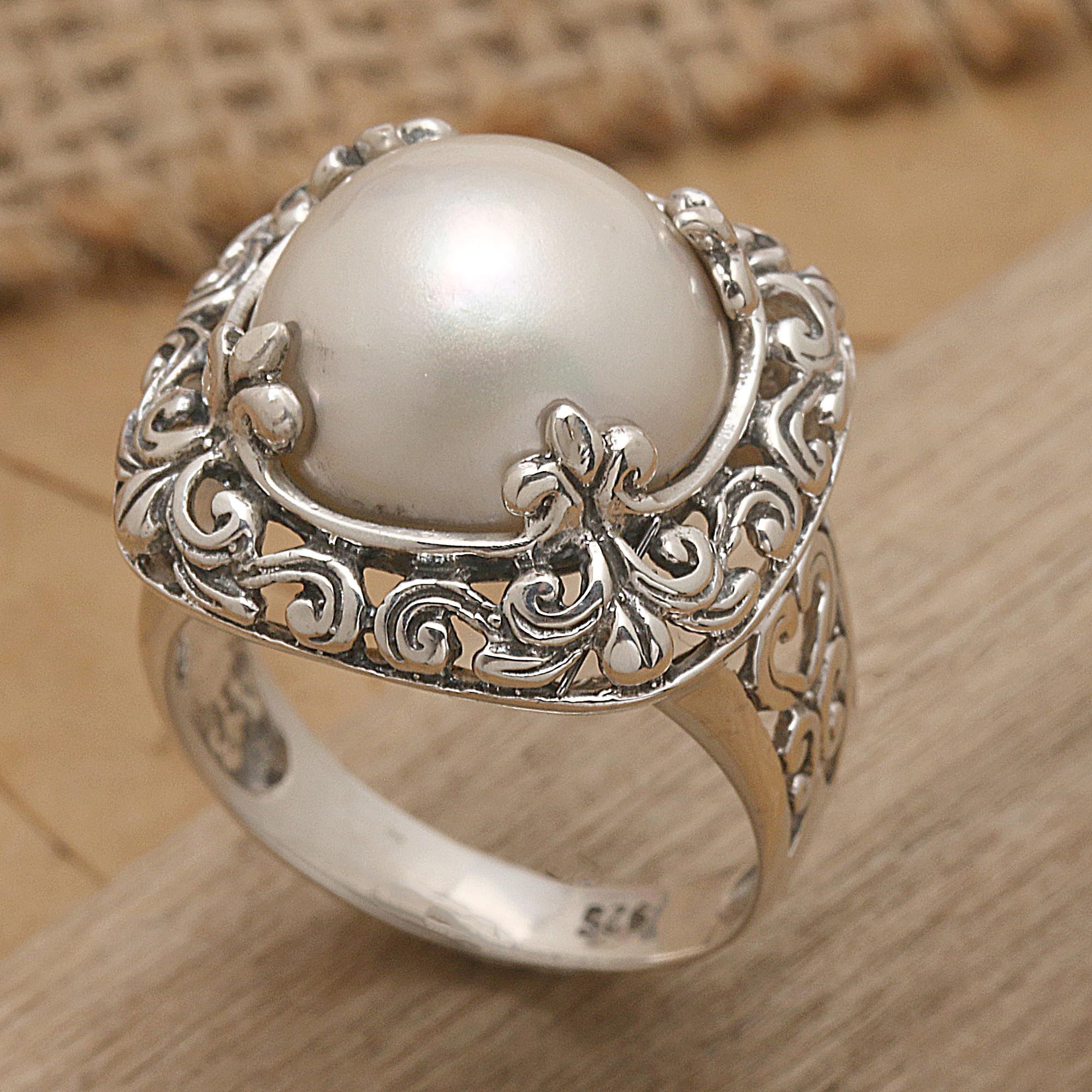 NOVICA Artisan Handmade Cultured Freshwater Pearl Cocktail Ring .925 Sterling Silver Floral Motif White Indonesia Birthstone White Lunar'