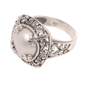 NOVICA Artisan Handmade Cultured Freshwater Pearl Cocktail Ring .925 Sterling Silver Floral Motif White Indonesia Birthstone White Lunar'