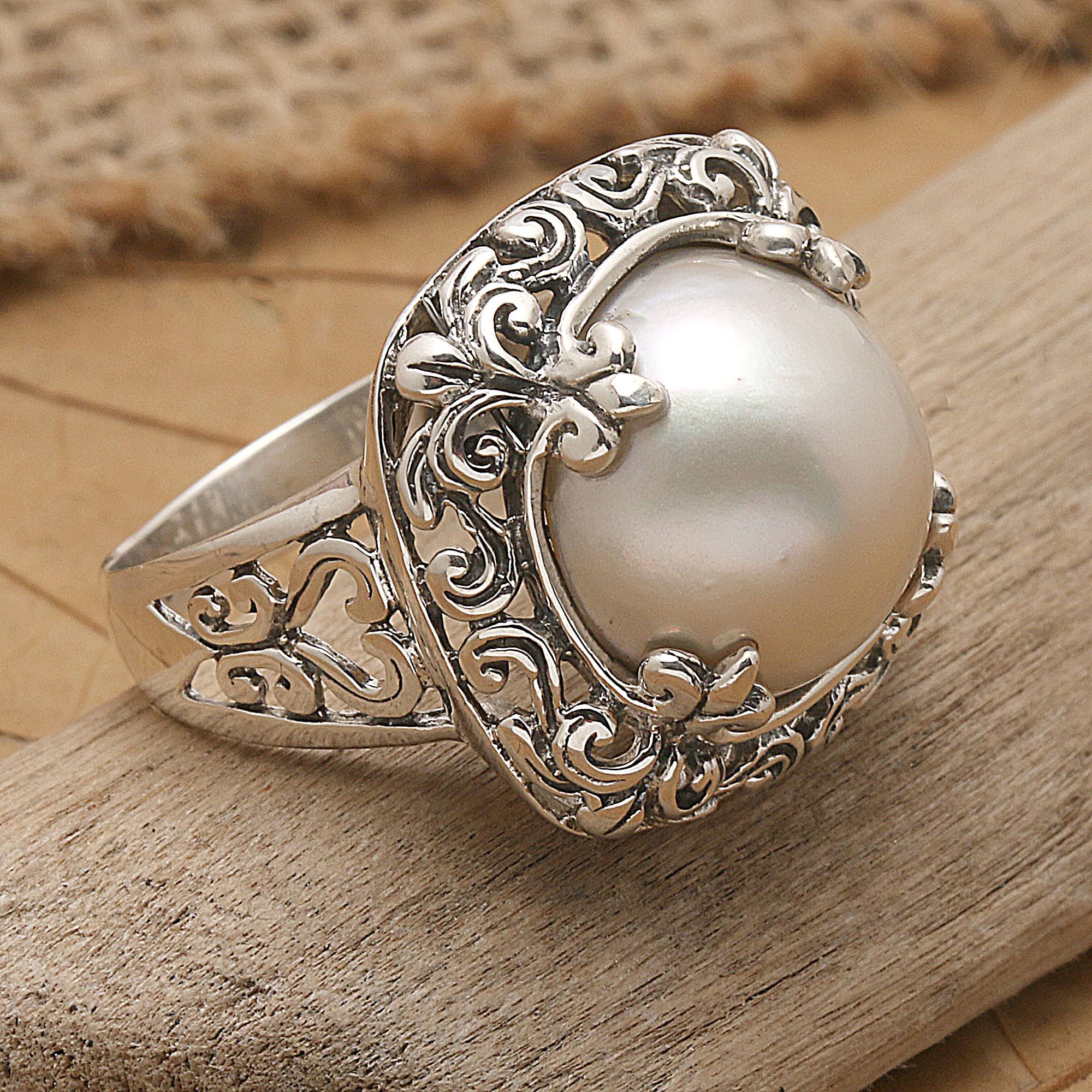 NOVICA Artisan Handmade Cultured Freshwater Pearl Cocktail Ring .925 Sterling Silver Floral Motif White Indonesia Birthstone White Lunar'