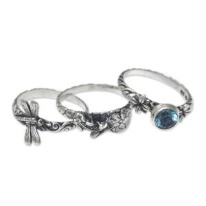 novica artisan handmade blue topaz stacking rings dragonfly frog silver 3 sterling indonesia animal themed floral birthstone frogdragonfly [crownbezel 0.3 in l x 0.3 in w x 0.2 in h 2 mm w total wid]