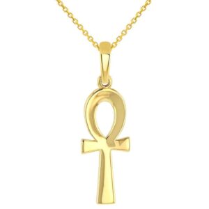 jewelry america solid 14k yellow gold polished egyptian ankh cross charm pendant with chain necklace, 18"