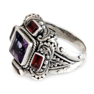 novica artisan handmade garnet amethyst multistone ring cocktail from indonesia sterling silver purple red leaf tree protection birthstone [crownbezel 0.7 in l x 0.7 in w x 0.4 in h band width 3 mm w]