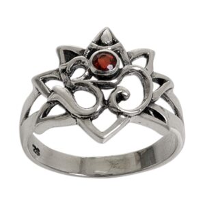 novica artisan handmade garnet cocktail ring .925 sterling silver from indonesia red thought meditation yoga birthstone spiritual inspirational 'jeweled om'