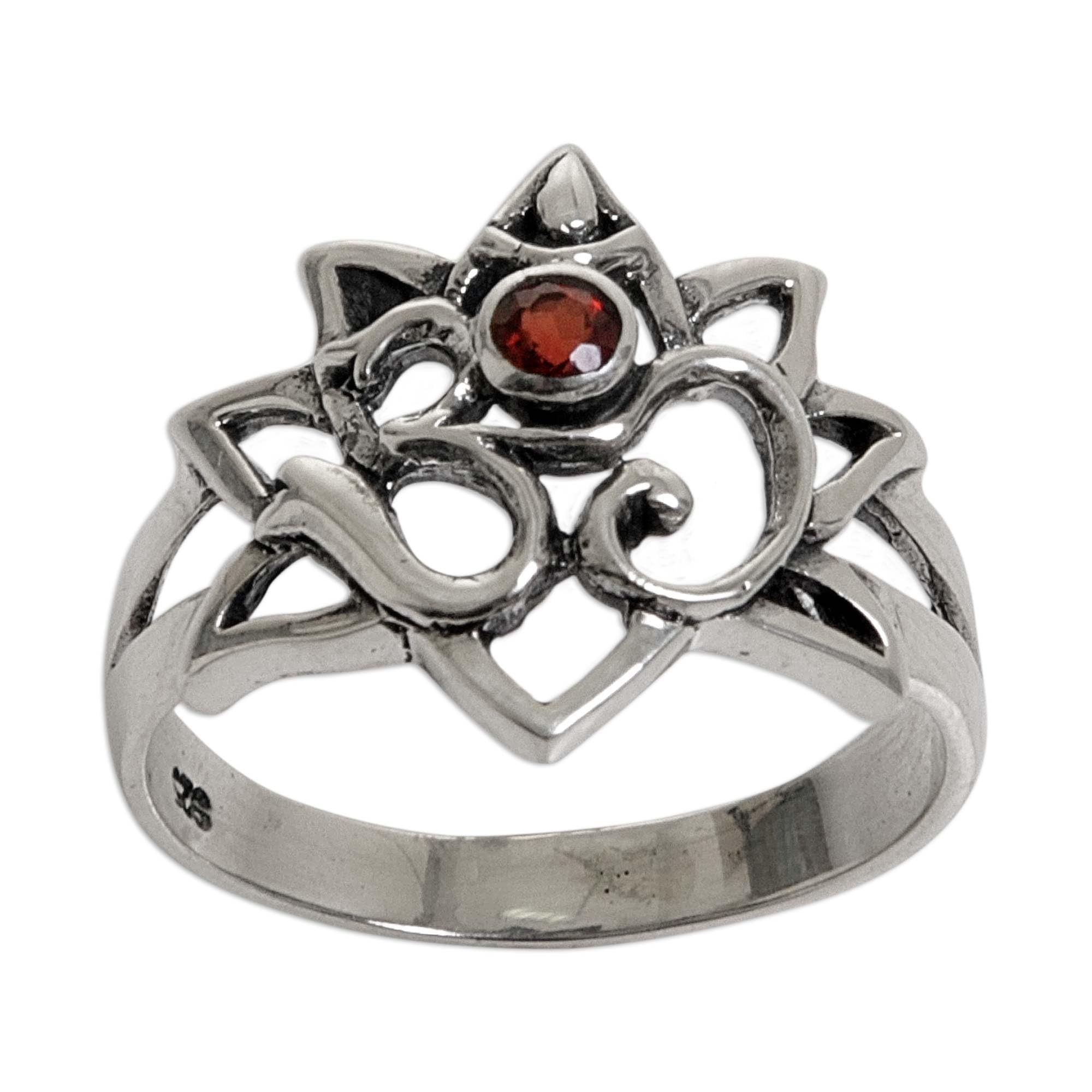 NOVICA Artisan Handmade Garnet Cocktail Ring .925 Sterling Silver from Indonesia Red Thought Meditation Yoga Birthstone Spiritual Inspirational 'Jeweled Om'