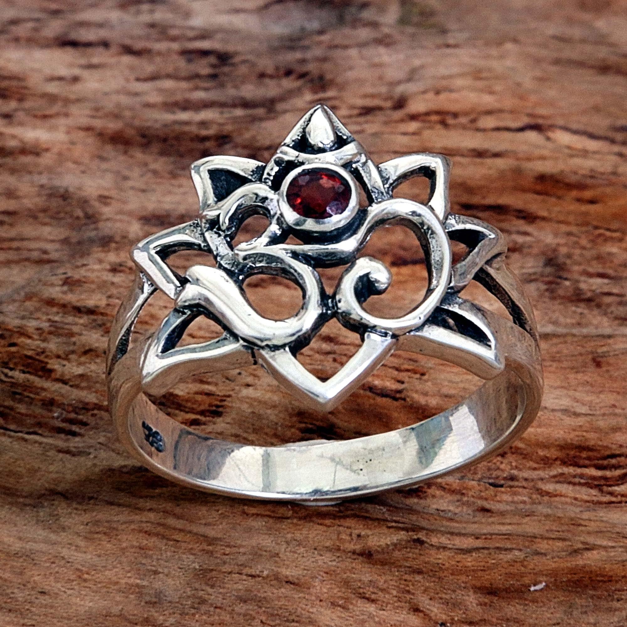 NOVICA Artisan Handmade Garnet Cocktail Ring .925 Sterling Silver from Indonesia Red Thought Meditation Yoga Birthstone Spiritual Inspirational 'Jeweled Om'