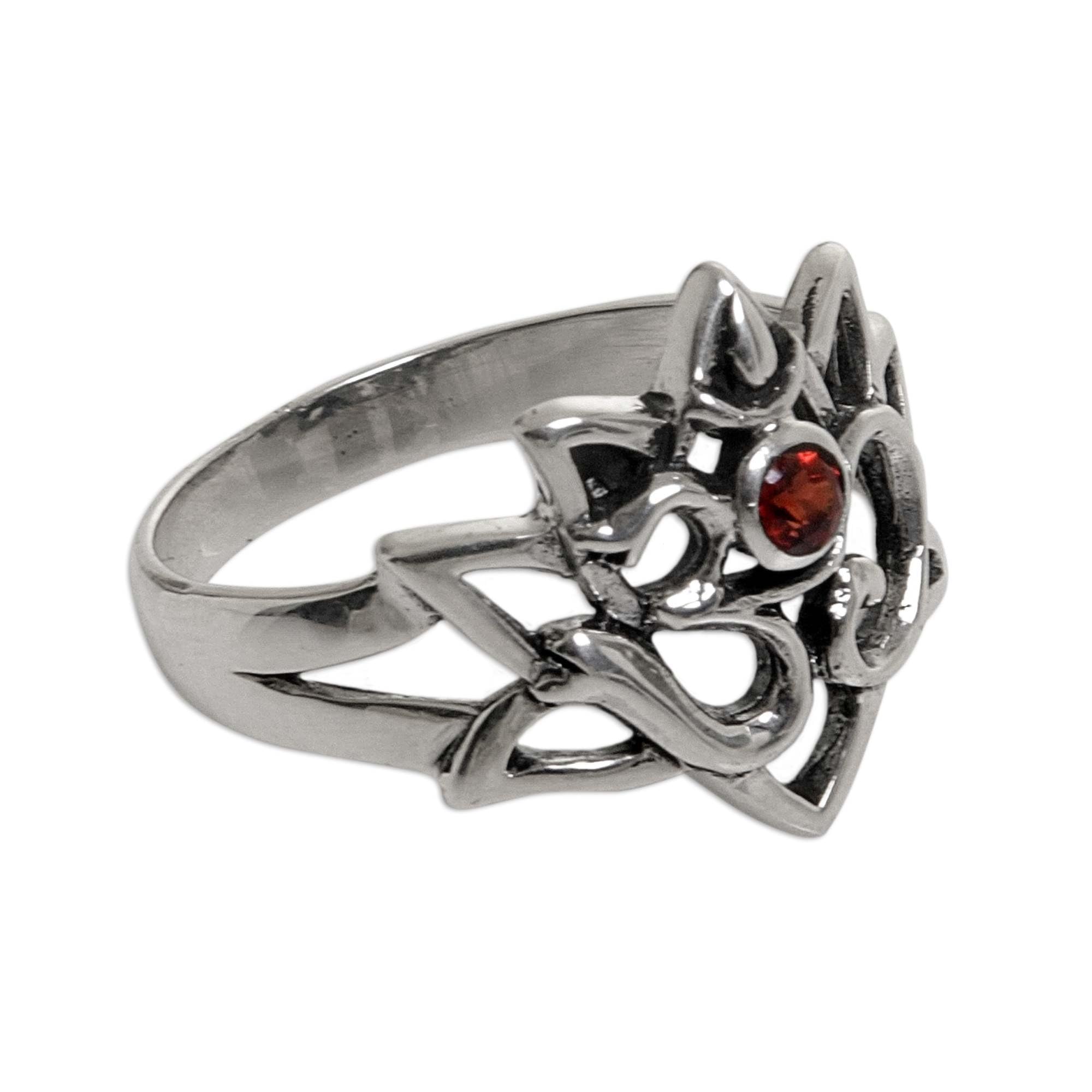 NOVICA Artisan Handmade Garnet Cocktail Ring .925 Sterling Silver from Indonesia Red Thought Meditation Yoga Birthstone Spiritual Inspirational 'Jeweled Om'