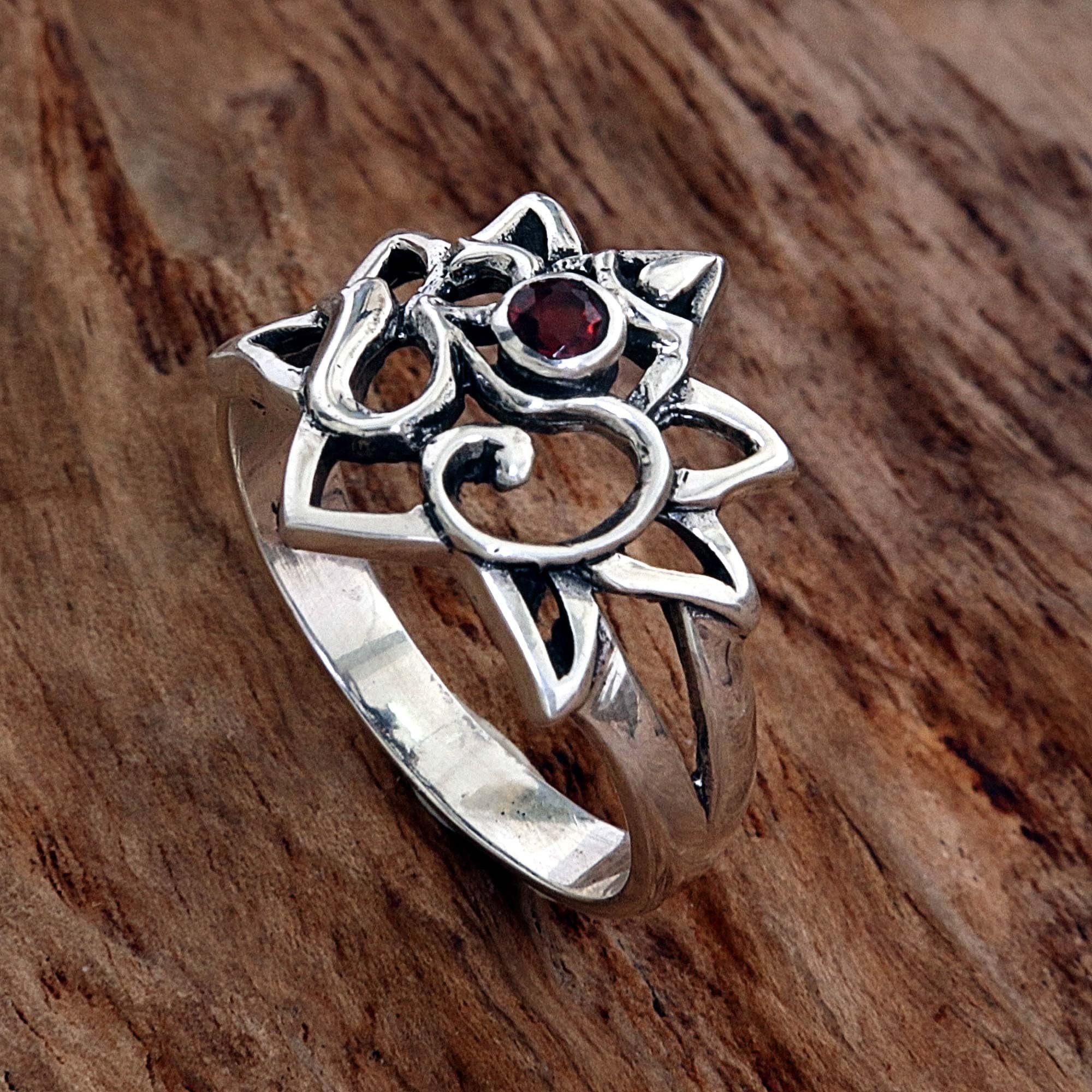 NOVICA Artisan Handmade Garnet Cocktail Ring .925 Sterling Silver from Indonesia Red Thought Meditation Yoga Birthstone Spiritual Inspirational 'Jeweled Om'