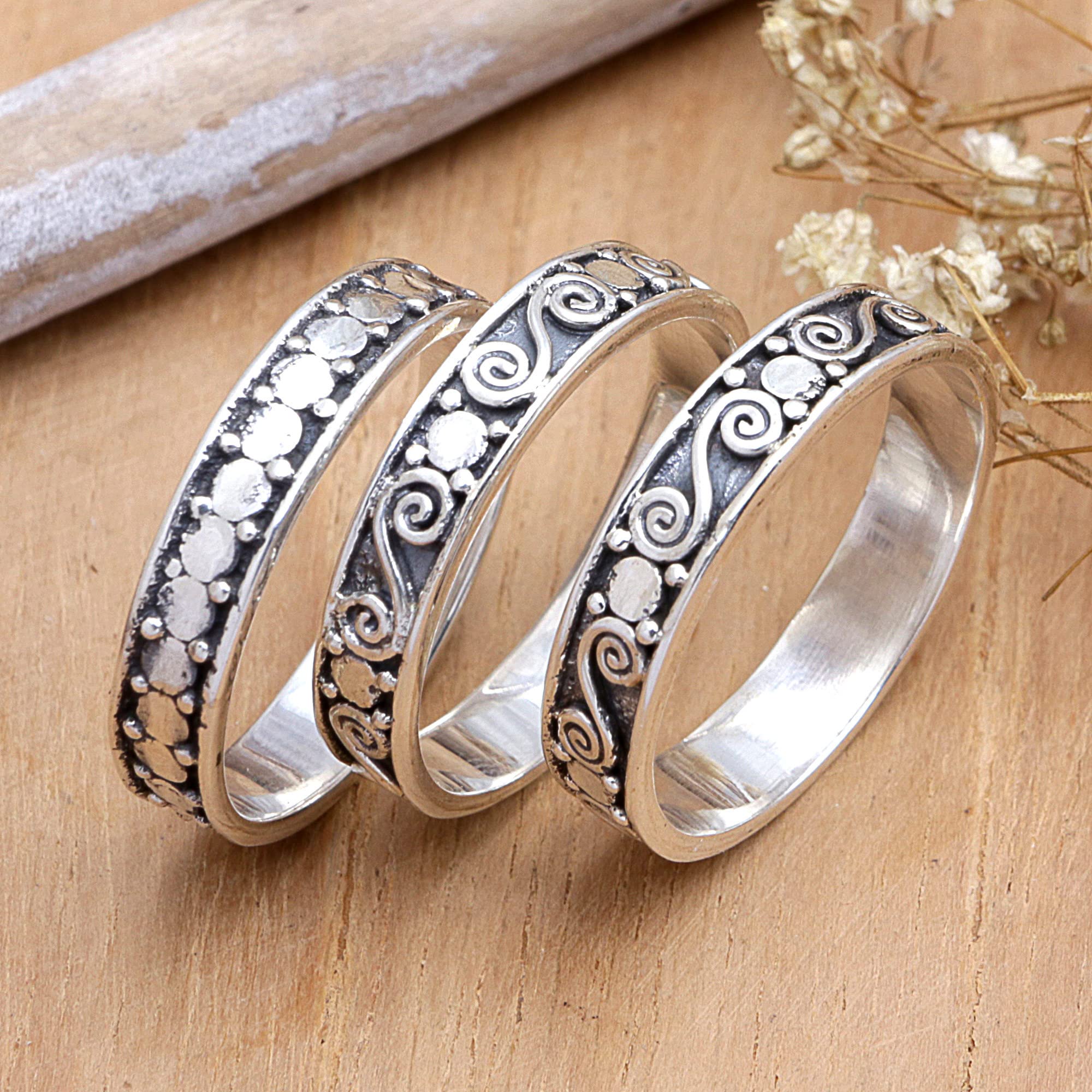 NOVICA Artisan Handmade Sterling Silver Stacking Rings Set of 3 No Stone Band Indonesia Bohemian [band Width 10 mm W] ' Together' Set of 3