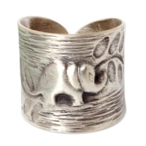 novica artisan handmade sterling silver wrap ring fair trade elephant theme no stone thailand aluminum gray glacier grey animal themed [ring front 0.7 in w band width 4 mm w] ' thai forest elephant'