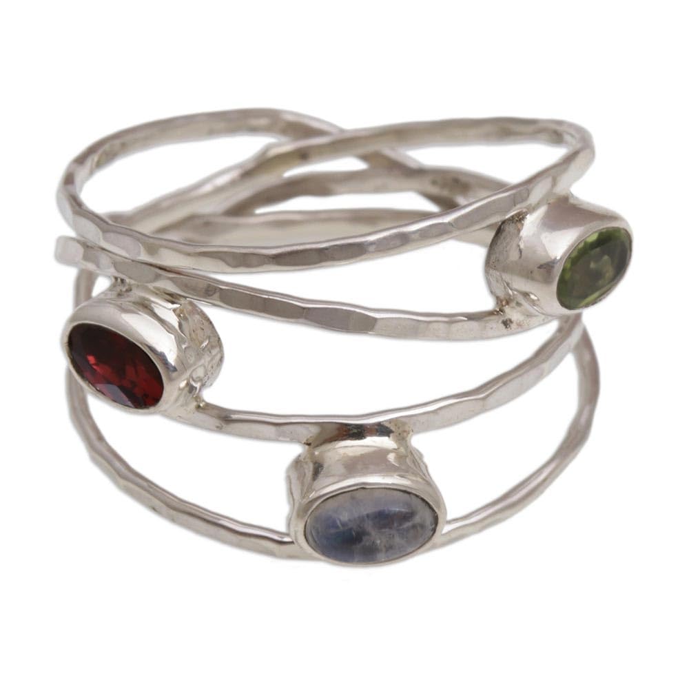 NOVICA Artisan Handmade Multigemstone Ring Unique Sterling Silver from Bali Garnet Peridot Rainbow Moonstone Clear Green Multicolor Red Indonesia Birthstone [ring Front 0.5 in H x 0.8 in W x 0.2 in D]