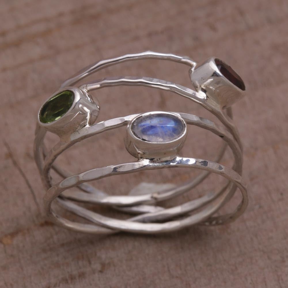 NOVICA Artisan Handmade Multigemstone Ring Unique Sterling Silver from Bali Garnet Peridot Rainbow Moonstone Clear Green Multicolor Red Indonesia Birthstone [ring Front 0.5 in H x 0.8 in W x 0.2 in D]