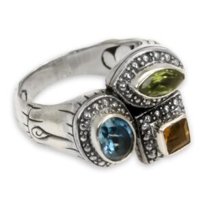 novica artisan handmade .925 sterling silver multigemstone cocktail ring balinese citrine blue topaz peridot green multicolor yellow indonesia leaf tree birthstone 'splendid bamboo'