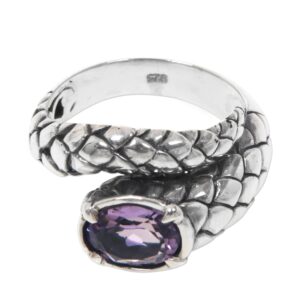 novica artisan handmade amethyst ring sterling silver cocktail with snake motif purple single stone indonesia animal themed birthstone halloween [ring front 0.6 in l x 0.8 in w x 0.2 in d band width ]