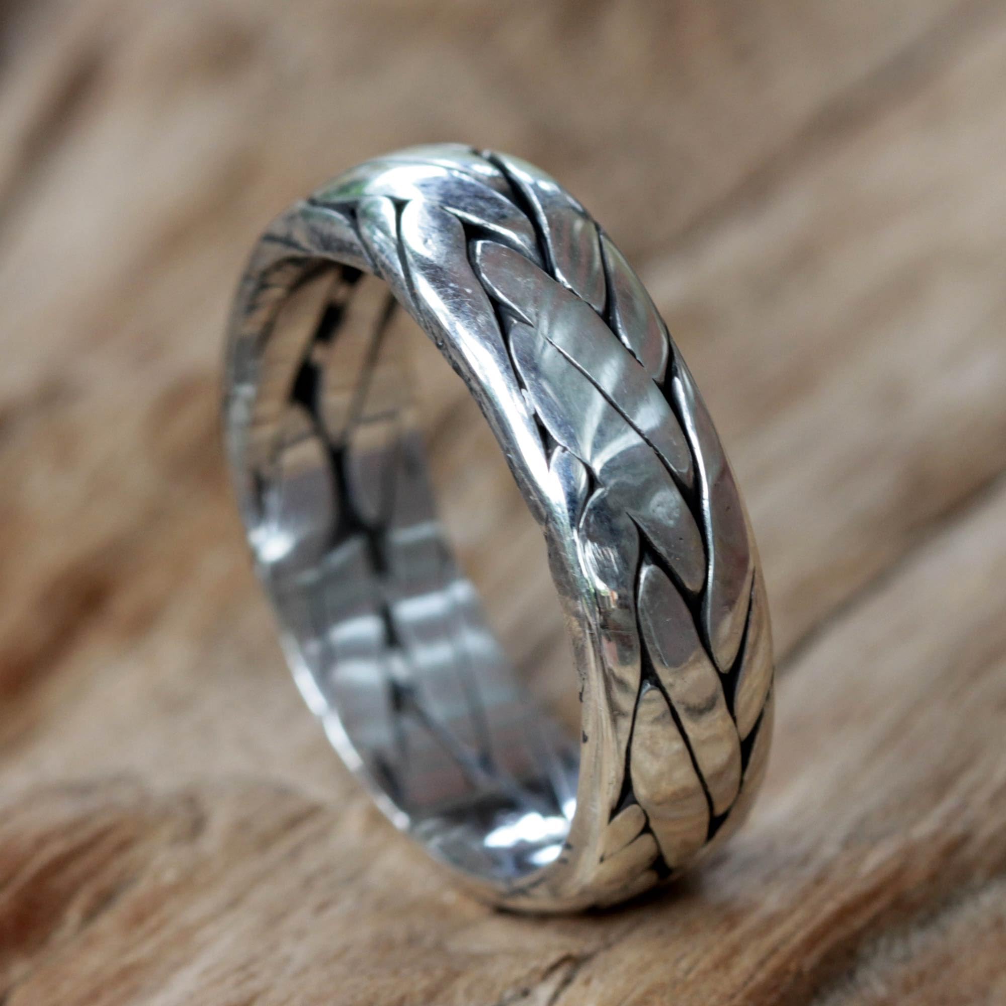 NOVICA Artisan Handmade Sterling Silver Band Ring Unisex Braided from Bali No Stone Indonesia [band Width 7 mm W] ' Singaraja Weave'