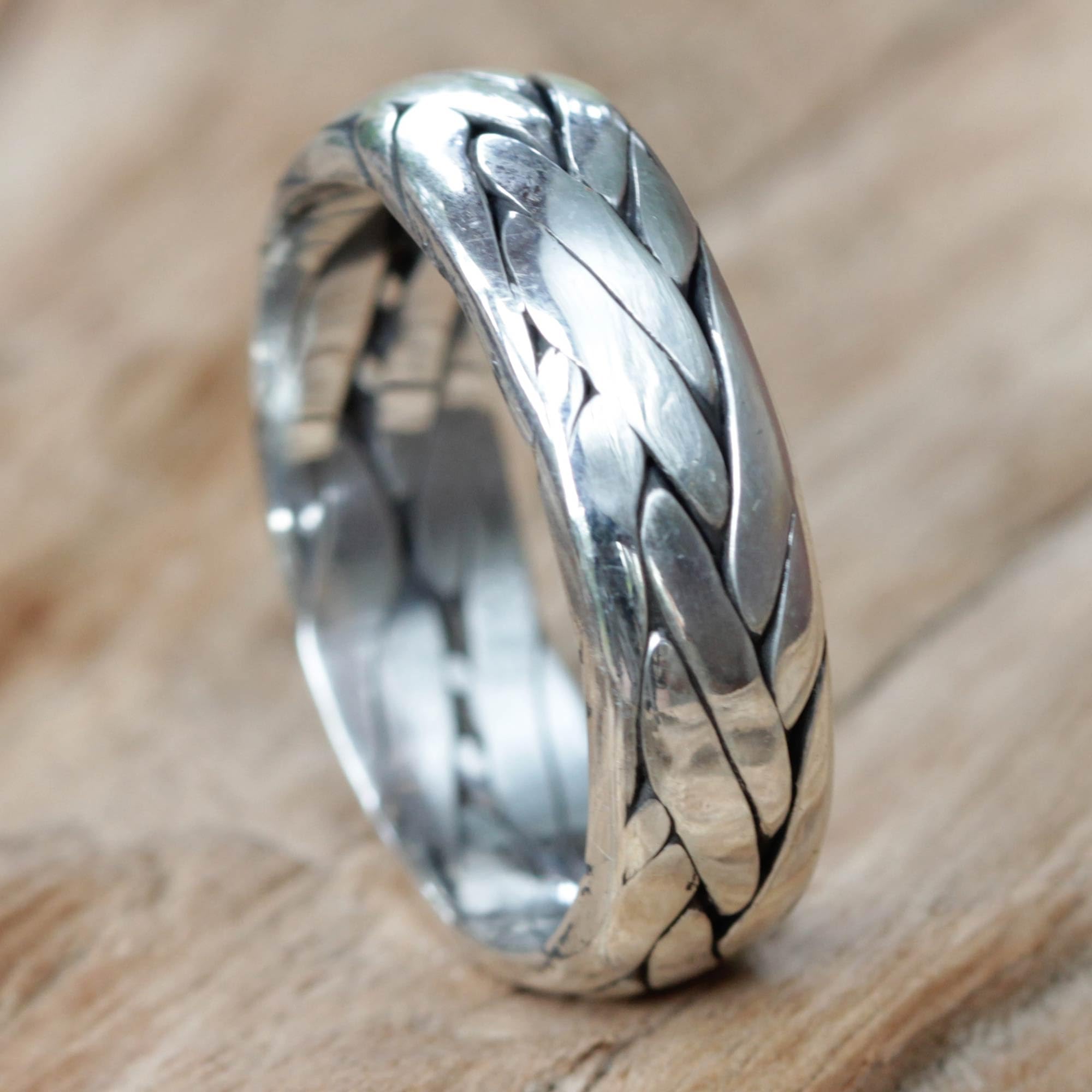 NOVICA Artisan Handmade Sterling Silver Band Ring Unisex Braided from Bali No Stone Indonesia [band Width 7 mm W] ' Singaraja Weave'