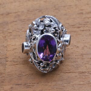 NOVICA Artisan Handmade .925 Sterling Silver Amethyst Citrine Cocktail Ring Unique Purple Yellow Indonesia Orchid Animal Themed Floral Birthstone Butterfly 'Frangipani Butterfly'