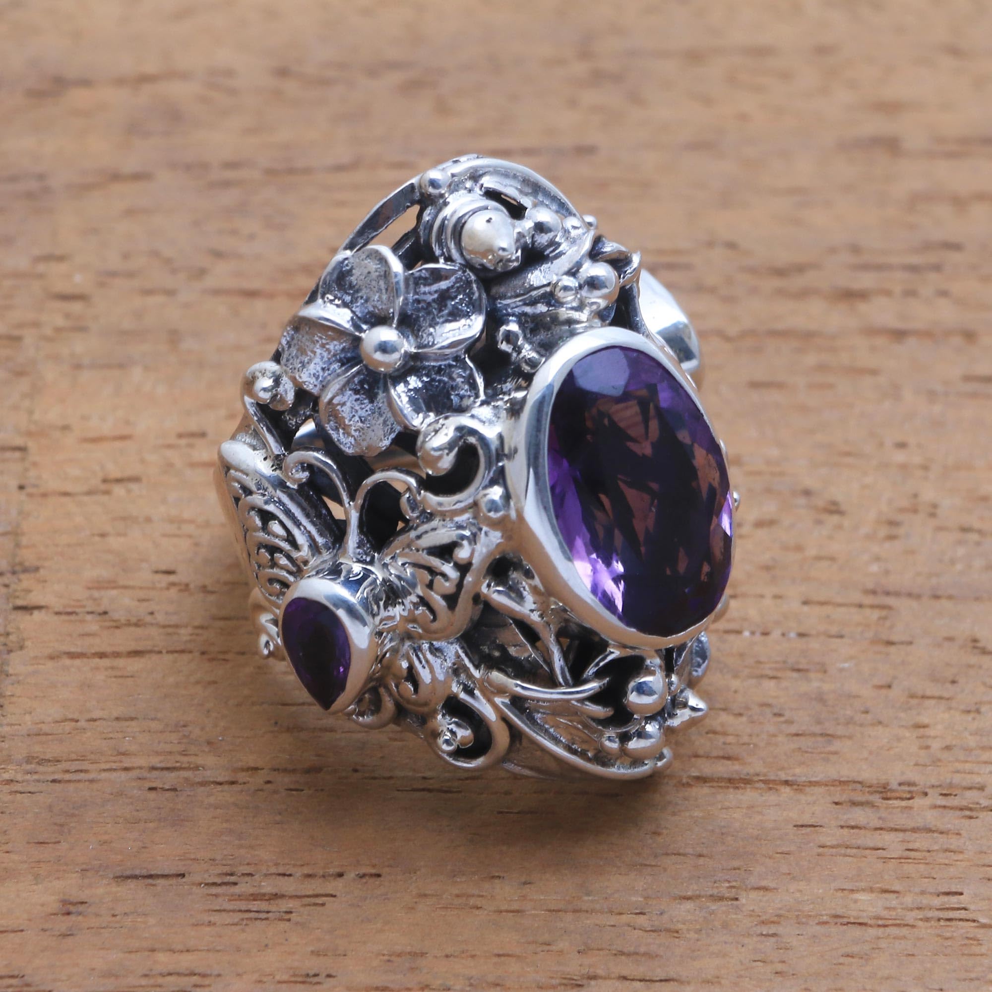 NOVICA Artisan Handmade .925 Sterling Silver Amethyst Citrine Cocktail Ring Unique Purple Yellow Indonesia Orchid Animal Themed Floral Birthstone Butterfly 'Frangipani Butterfly'