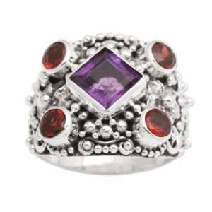 novica artisan handmade .925 sterling silver amethyst garnet cocktail ring large silver with sterling purple red indonesia birthstone balinese traditional 'royal balinese'