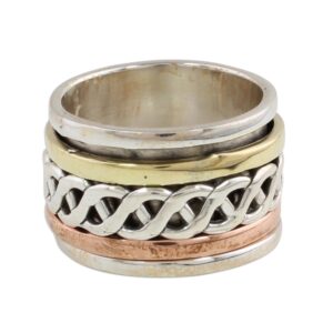 novica artisan handmade sterling silver meditation spinner ring copper brass from india no stone [band width 13 mm w] ' spinning braid'