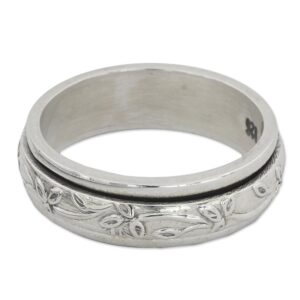 novica artisan handmade sterling silver meditation spinner ring with leaf motifs from india no stone band tree [band width 5 mm w] ' spinning leaves'