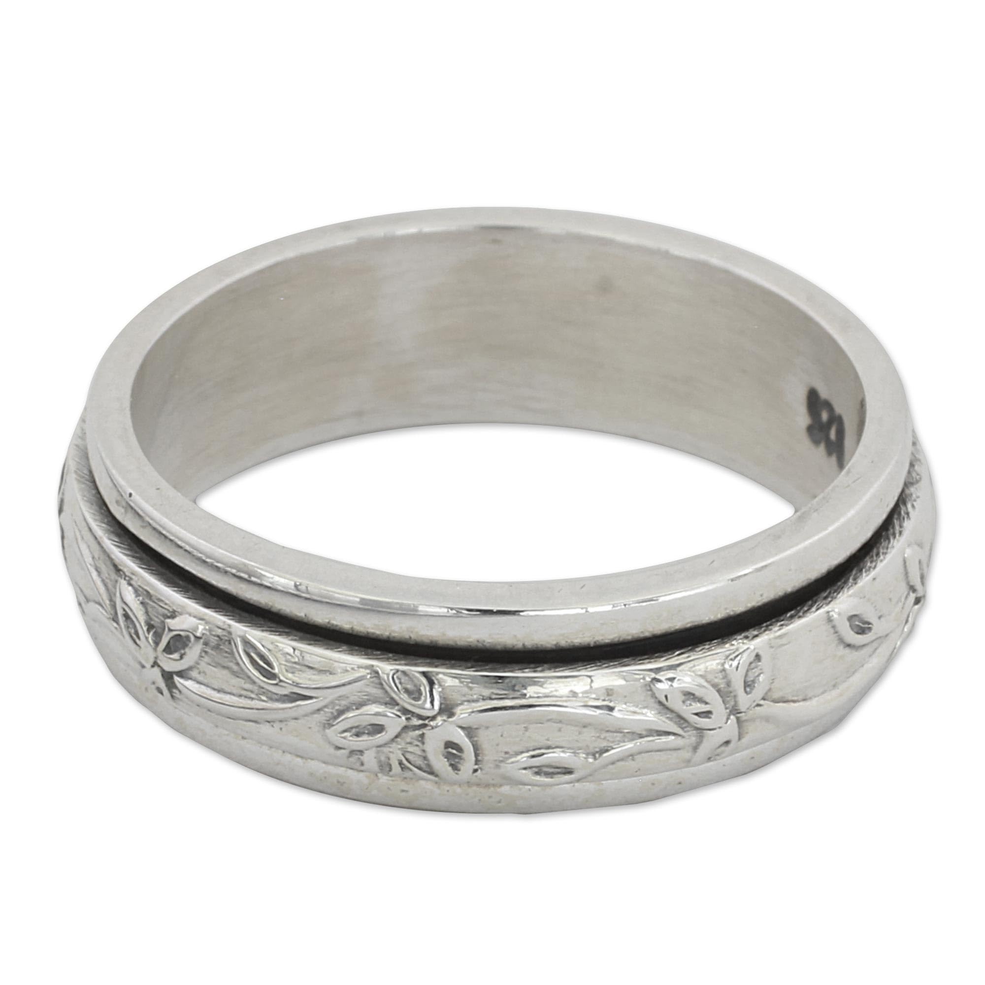 NOVICA Artisan Handmade Sterling Silver Meditation Spinner Ring with Leaf Motifs from India No Stone Band Tree [band Width 5 mm W] ' Spinning Leaves'