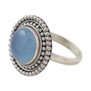 novica artisan handmade blue chalcedony cocktail ring round sterling silver india gemstone [ring front 0.3 in h x 0.9 in diam. band width 3 mm w] ' azure skies'