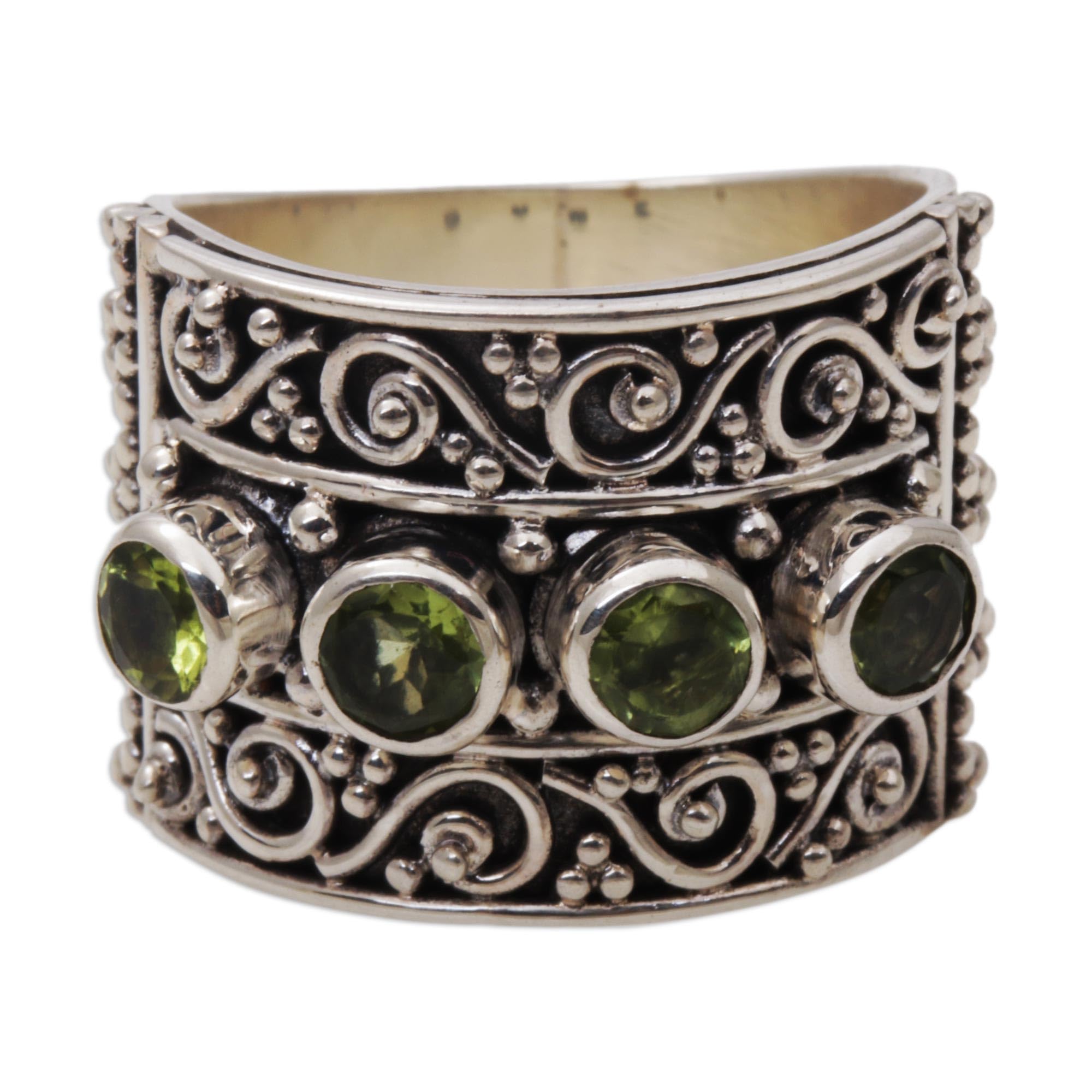 NOVICA Artisan Handmade Peridot Cocktail Ring 925 Sterling Silver Multistone from Bali Green Band Indonesia Kale Birthstone [ring Front 0.6 in L x 0.8 in W x 0.2 in H Band Width 9 mm W] ' Lucky