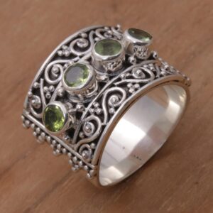 NOVICA Artisan Handmade Peridot Cocktail Ring 925 Sterling Silver Multistone from Bali Green Band Indonesia Kale Birthstone [ring Front 0.6 in L x 0.8 in W x 0.2 in H Band Width 9 mm W] ' Lucky