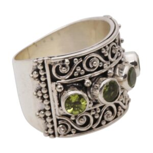 NOVICA Artisan Handmade Peridot Cocktail Ring 925 Sterling Silver Multistone from Bali Green Band Indonesia Kale Birthstone [ring Front 0.6 in L x 0.8 in W x 0.2 in H Band Width 9 mm W] ' Lucky