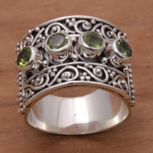 NOVICA Artisan Handmade Peridot Cocktail Ring 925 Sterling Silver Multistone from Bali Green Band Indonesia Kale Birthstone [ring Front 0.6 in L x 0.8 in W x 0.2 in H Band Width 9 mm W] ' Lucky