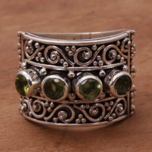 NOVICA Artisan Handmade Peridot Cocktail Ring 925 Sterling Silver Multistone from Bali Green Band Indonesia Kale Birthstone [ring Front 0.6 in L x 0.8 in W x 0.2 in H Band Width 9 mm W] ' Lucky