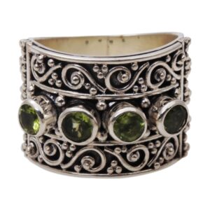 novica artisan handmade peridot cocktail ring 925 sterling silver multistone from bali green band indonesia kale birthstone [ring front 0.6 in l x 0.8 in w x 0.2 in h band width 9 mm w] ' lucky