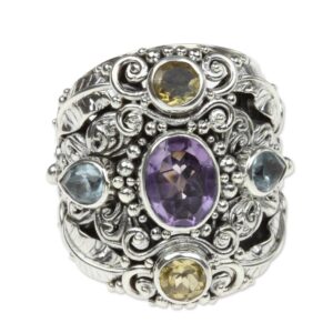 novica artisan handmade amethyst blue topaz cocktail ring balinese silver sterling citrine multigem multicolor purple yellow stone indonesia animal themed birthstone traditional butterfly [band width]