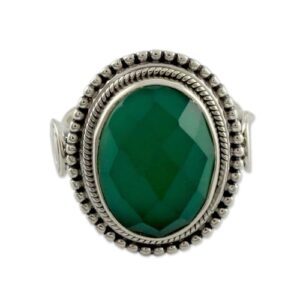 NOVICA Artisan Handmade Sterling Silver Cocktail Ring with Green Onyx India Bright Cobalt Biscay Bay Birthstone [0.9 in L x 0.7 in W x 0.2 in H 2 mm W] ' Green Magnificence'