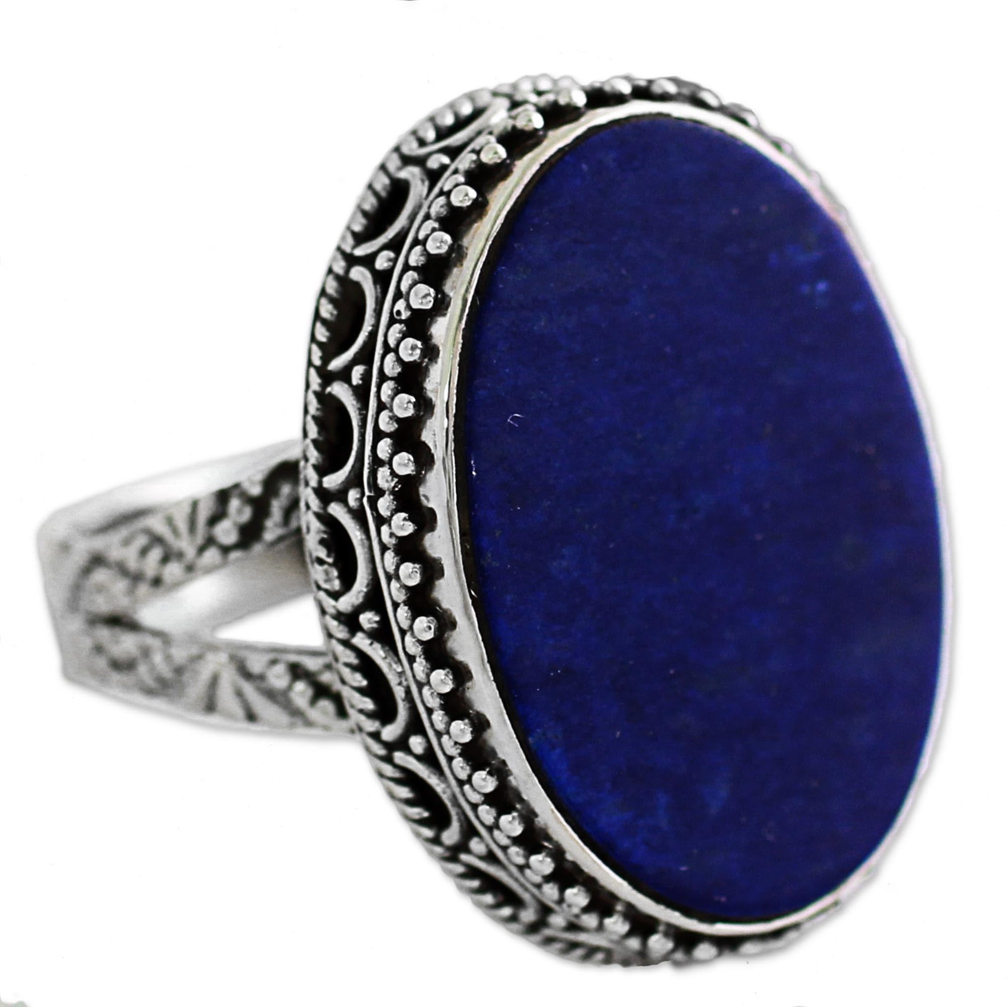 NOVICA Artisan Handmade Lapis Lazuli Cocktail Ring Blue Oval India Sterling Silver Riverside Birthstone [1 in L x 0.8 in W x 0.2 in H] ' Pool of Memories'