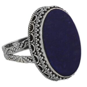 NOVICA Artisan Handmade Lapis Lazuli Cocktail Ring Blue Oval India Sterling Silver Riverside Birthstone [1 in L x 0.8 in W x 0.2 in H] ' Pool of Memories'