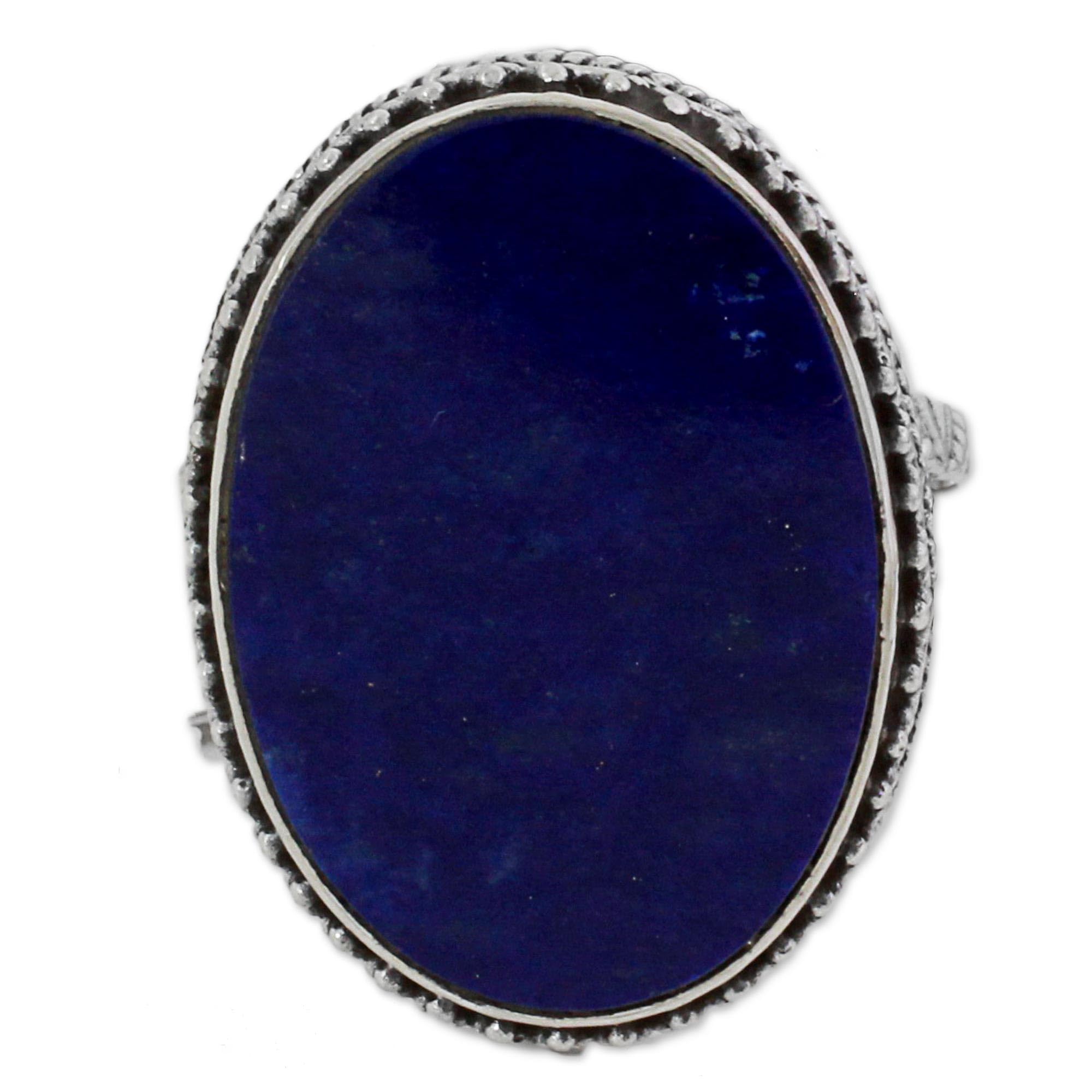 NOVICA Artisan Handmade Lapis Lazuli Cocktail Ring Blue Oval India Sterling Silver Riverside Birthstone [1 in L x 0.8 in W x 0.2 in H] ' Pool of Memories'