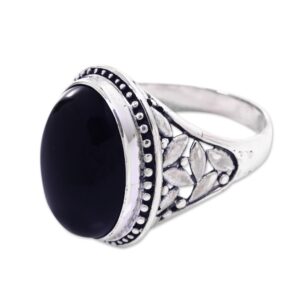 novica artisan handmade onyx ring silver from indonesia sterling black single stone leaf tree birthstone [crownbezel 0.9 in l x 0.8 in w x 0.4 in h band width 4 mm w] ' black bamboo'