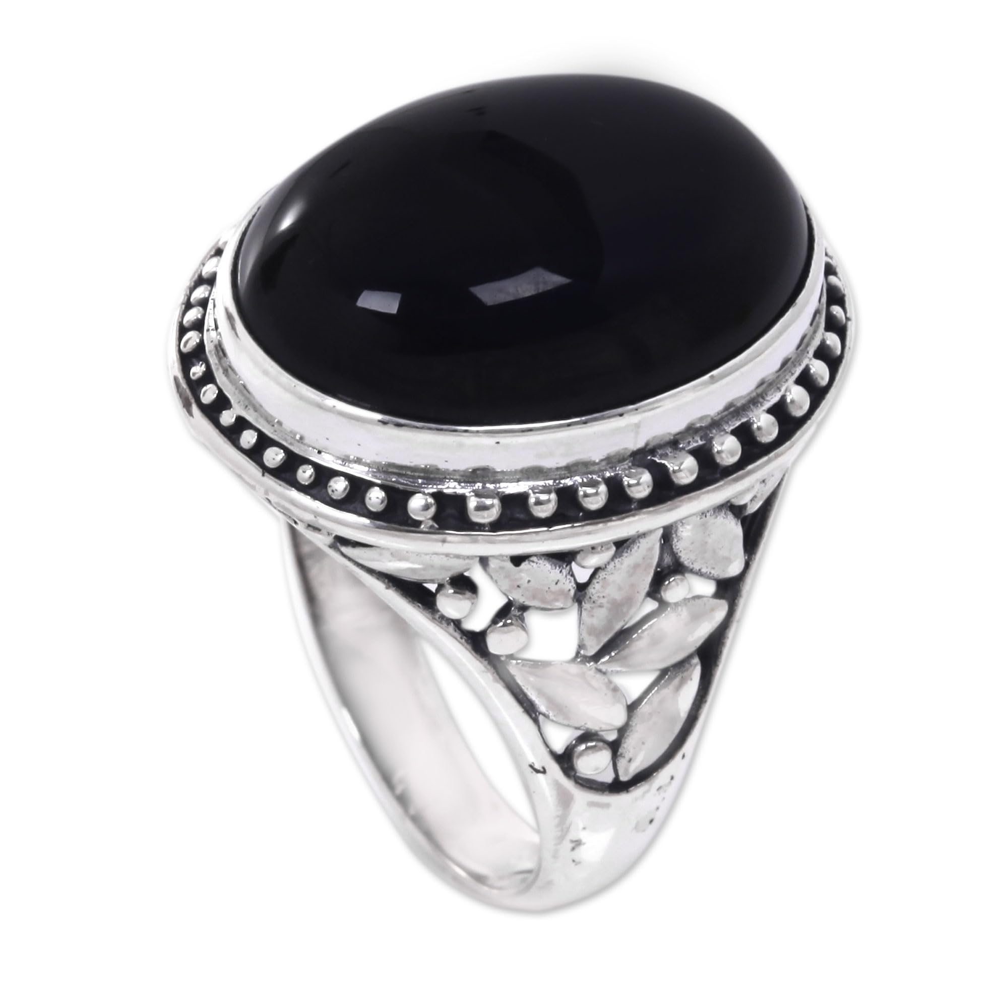 NOVICA Artisan Handmade Onyx Ring Silver from Indonesia Sterling Black Single Stone Leaf Tree Birthstone [crownbezel 0.9 in L x 0.8 in W x 0.4 in H Band Width 4 mm W] ' Black Bamboo'