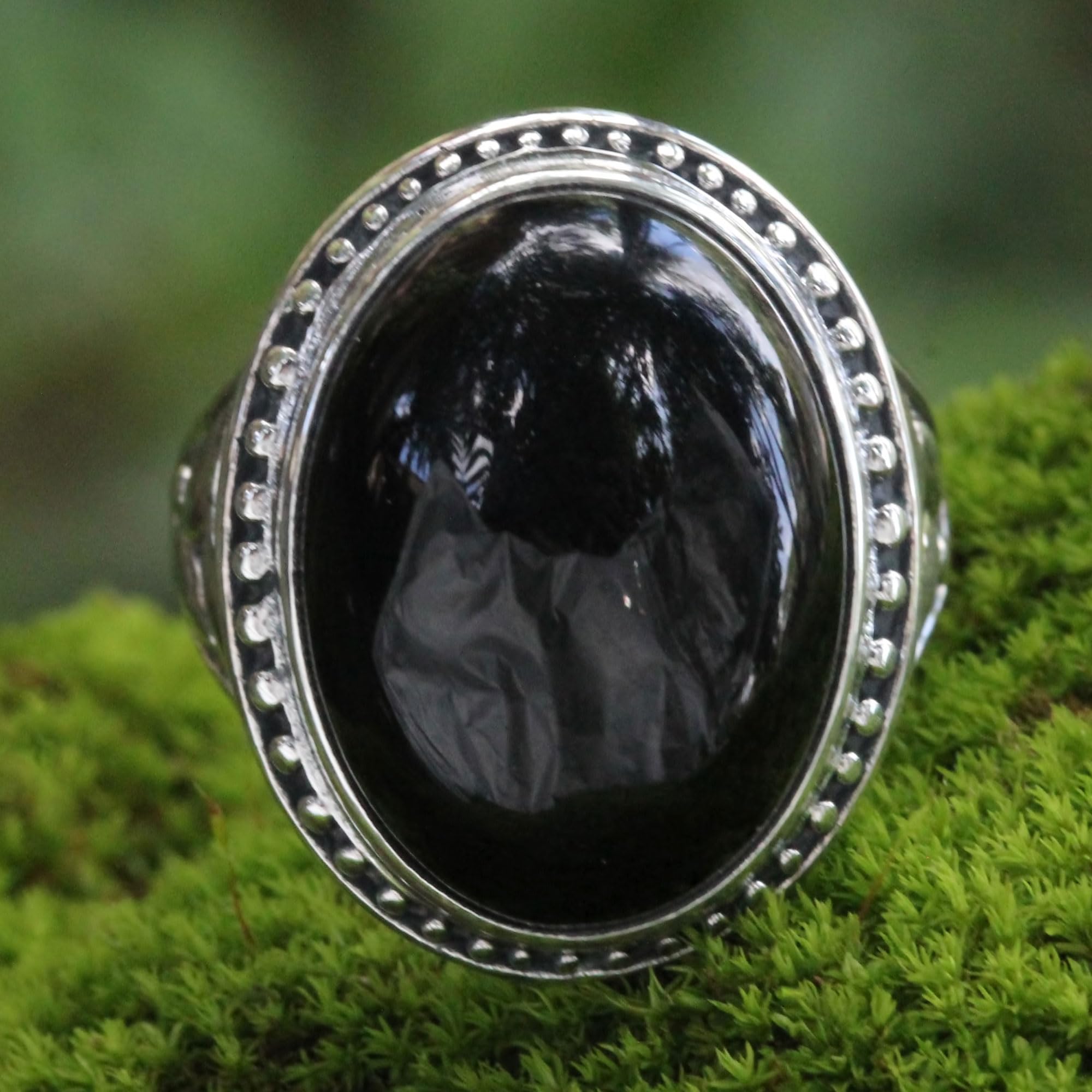 NOVICA Artisan Handmade Onyx Ring Silver from Indonesia Sterling Black Single Stone Leaf Tree Birthstone [crownbezel 0.9 in L x 0.8 in W x 0.4 in H Band Width 4 mm W] ' Black Bamboo'