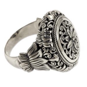 novica artisan handmade sterling silver flower ring floral cocktail no stone indonesia [crownbezel 0.9 in l x 0.8 in w x 0.2 in h band width 4 mm w] ' precious lotus'