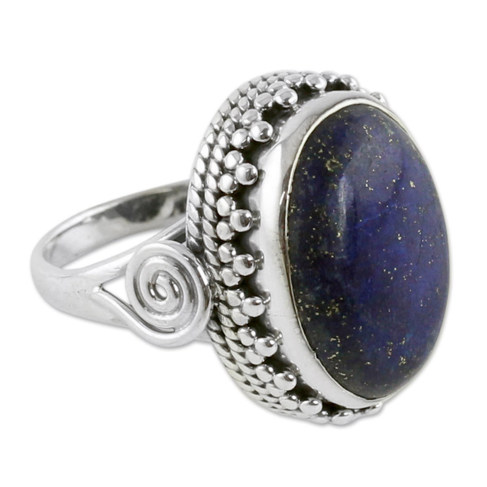 NOVICA Artisan Handcrafted Lapis Lazuli Cocktail Ring Sterling Silver Blue Single Stone India Royal Classic Reflecting Pond Snorkel Birthstone [crownbezel 0.8 in L x 0.6 in W x 0.4 in H Band Width 3 ]