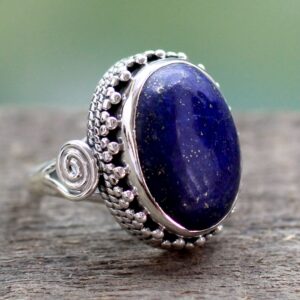 NOVICA Artisan Handcrafted Lapis Lazuli Cocktail Ring Sterling Silver Blue Single Stone India Royal Classic Reflecting Pond Snorkel Birthstone [crownbezel 0.8 in L x 0.6 in W x 0.4 in H Band Width 3 ]