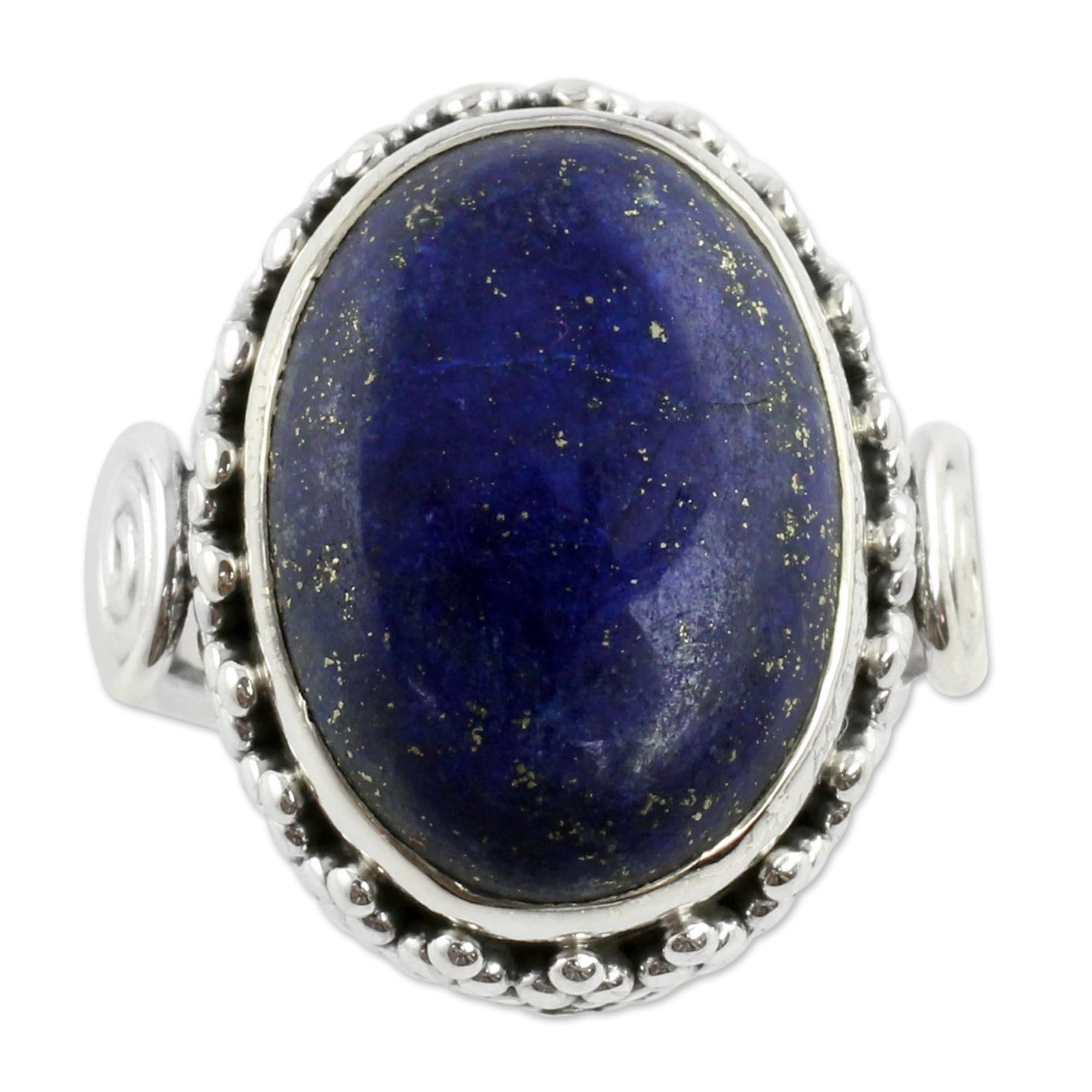 NOVICA Artisan Handcrafted Lapis Lazuli Cocktail Ring Sterling Silver Blue Single Stone India Royal Classic Reflecting Pond Snorkel Birthstone [crownbezel 0.8 in L x 0.6 in W x 0.4 in H Band Width 3 ]